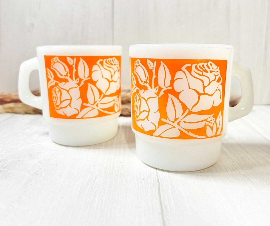 1960s Set of 2 Anchor Hocking Fire King Orange Rose Milk Glass Mugs ...