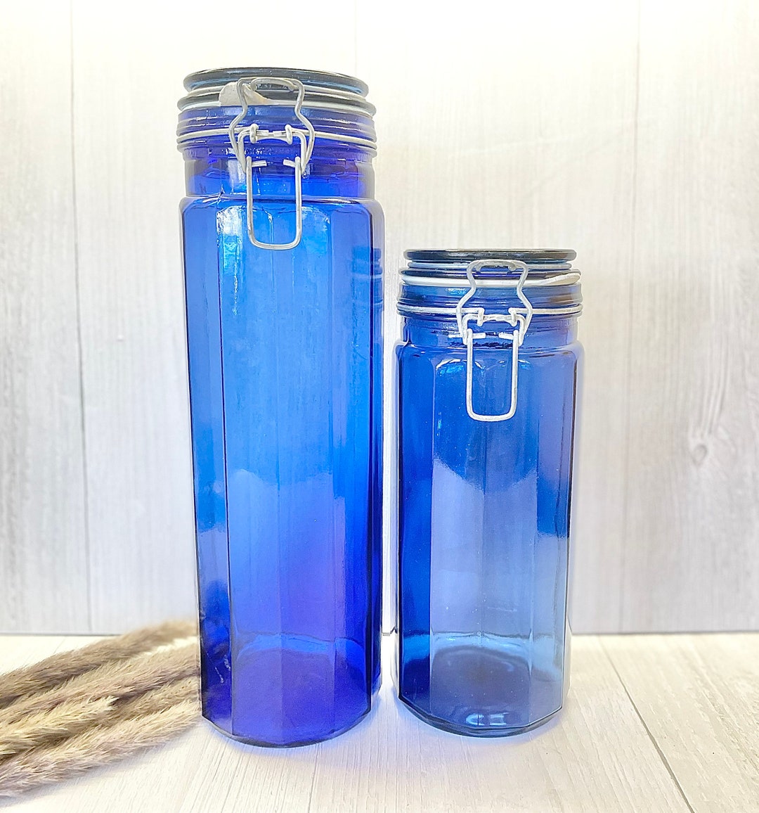 Set of 2 Vintage Cobalt Blue Glass Clamp Lid Canister Jars, Farmhouse ...