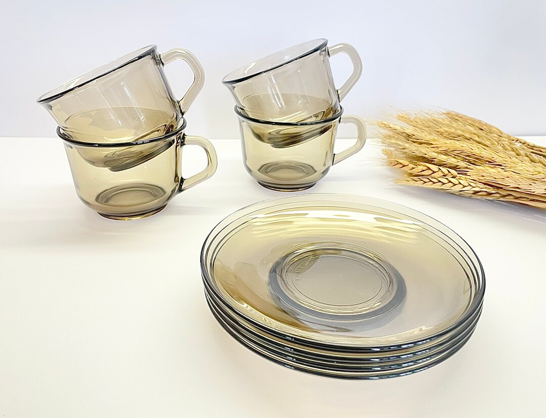 8 Piece Vintage Arcoroc France Smokey Grey Glass Mug and Saucer Set ...