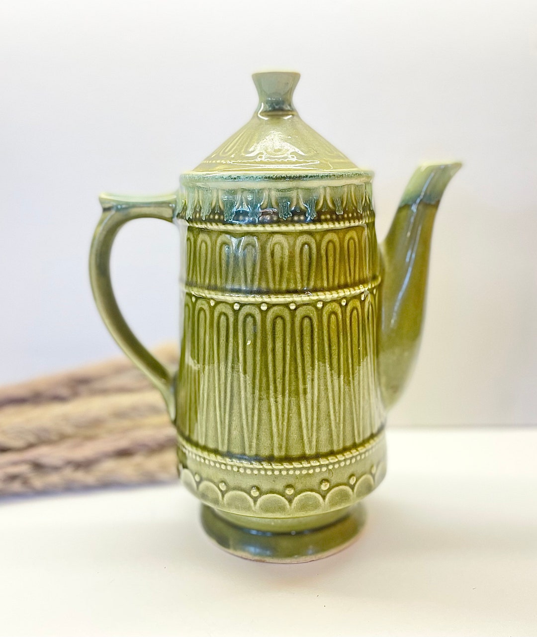 MCM Japanese Olive Green Ceramic Tea Pot With Geometric Pattern, Gifts ...