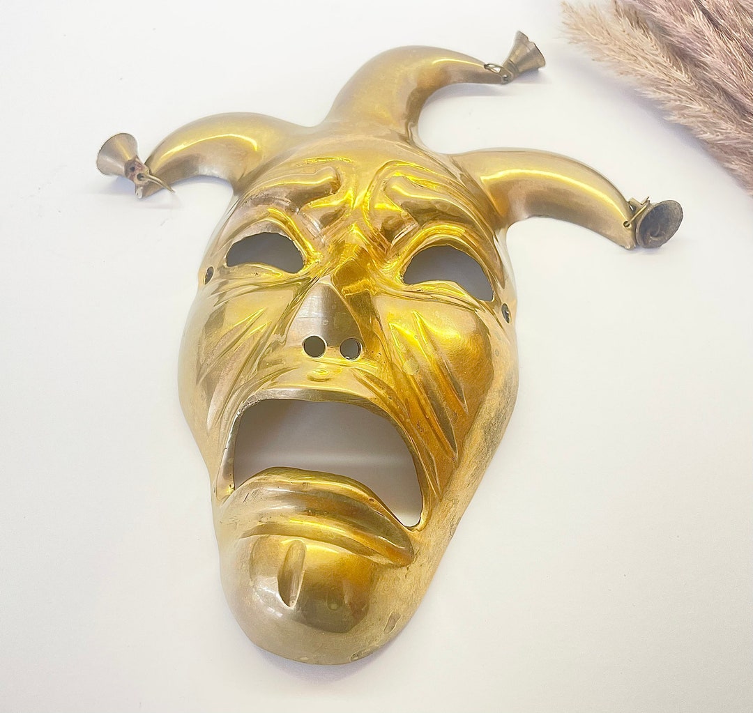 1970s Large Gold Brass Tragedy Jester Mask, Comedy Drama Wall Hanging ...
