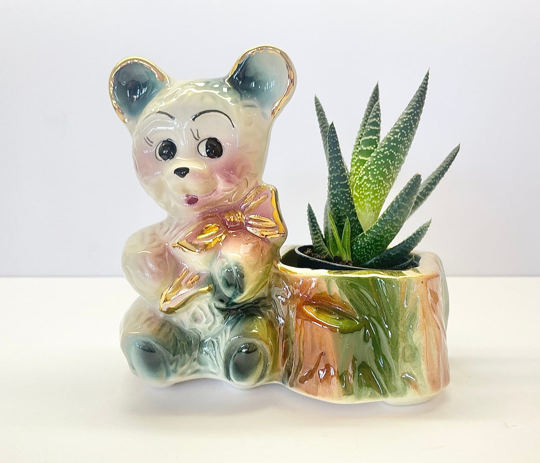 1980s Vintage American Bisque Ceramic Teddy Bear Plant Pot, Retro Table ...