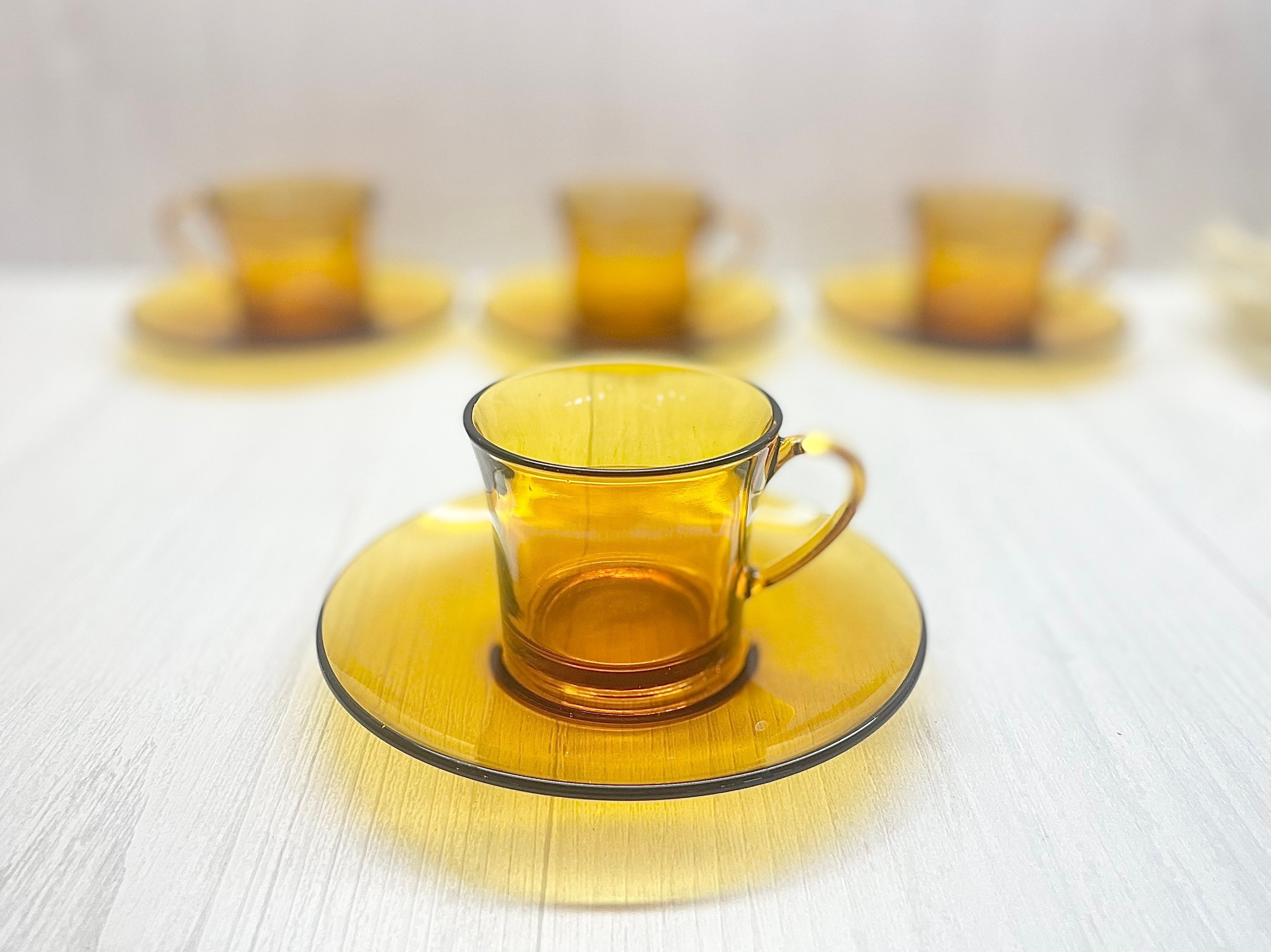 1970s Vintage Art Deco 8 Piece Duralex France Amber Glass Cup and ...