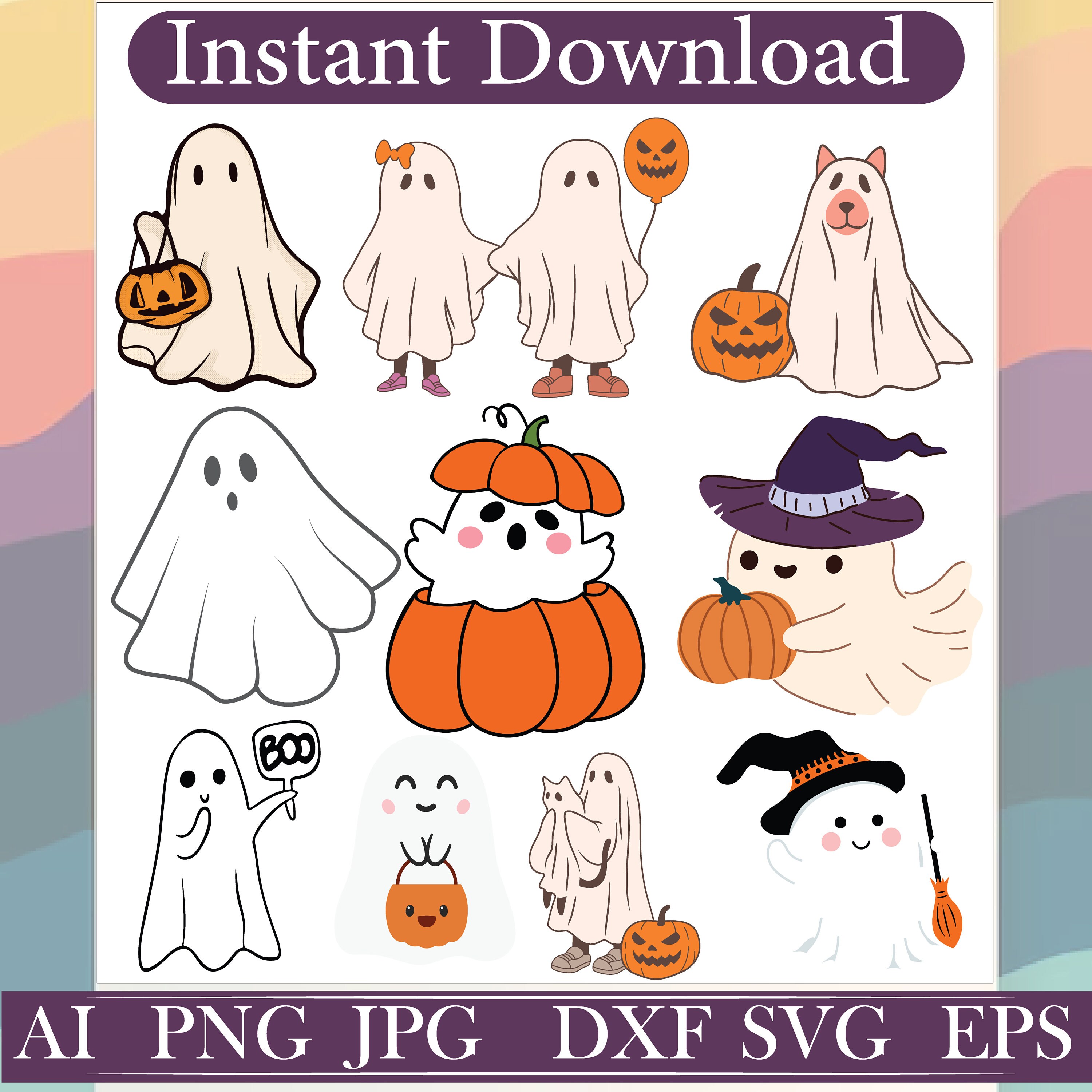 Cute Ghost Svg Bundle \ Retro Halloween Svg \ Cute Ghost Svg \ Cute ...