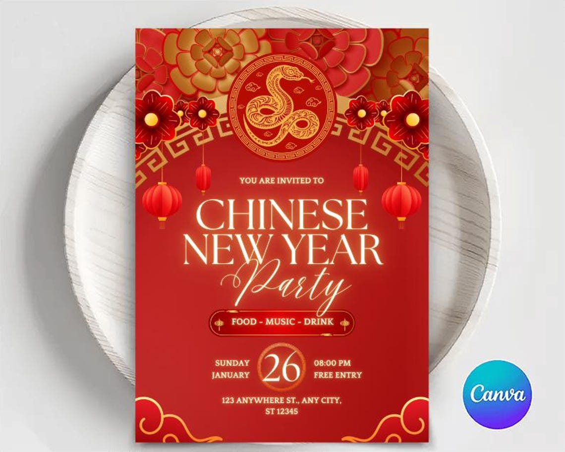 Editable Year of the Snake Chinese New Year Invitation (digital ...