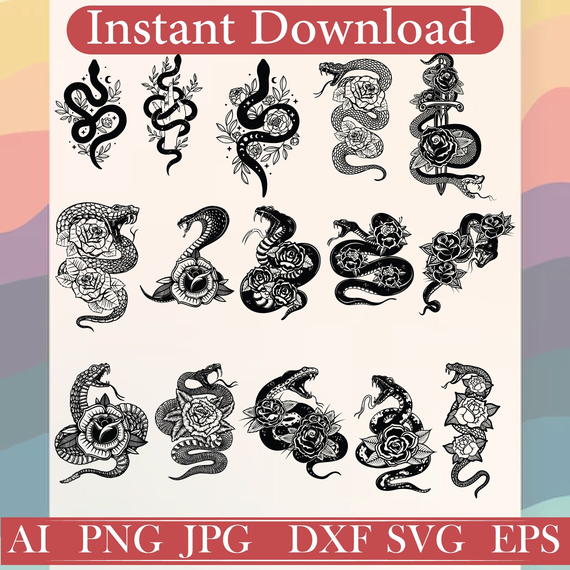 Floral Snake Svg Snake With Flowers Snake Cut File Rose and Snake Snake ...