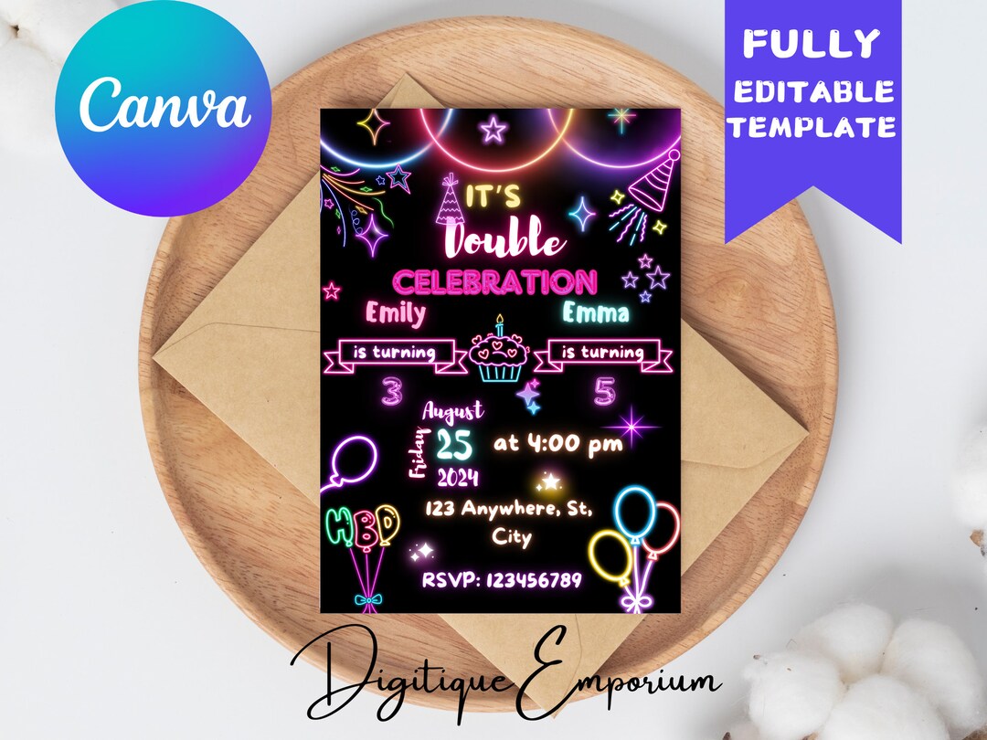 Editable Neon Sibling Birthday Invitation: Double Party Template ...