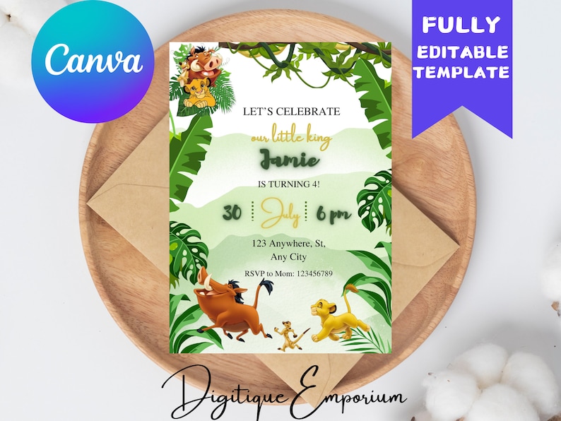 Editable 1st Lion King Birthday Invitation, Digital Simba Birthday ...