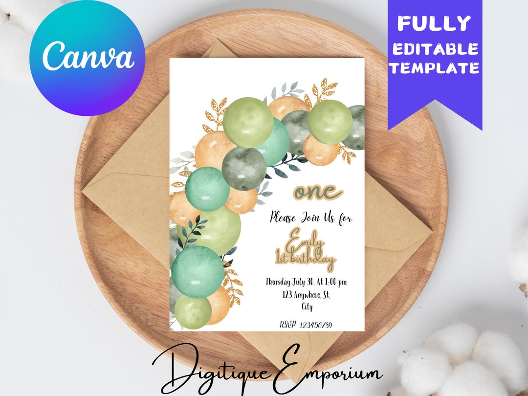 Editable Rainbow Balloon Birthday Invite, 1st Birthday Invitation ...