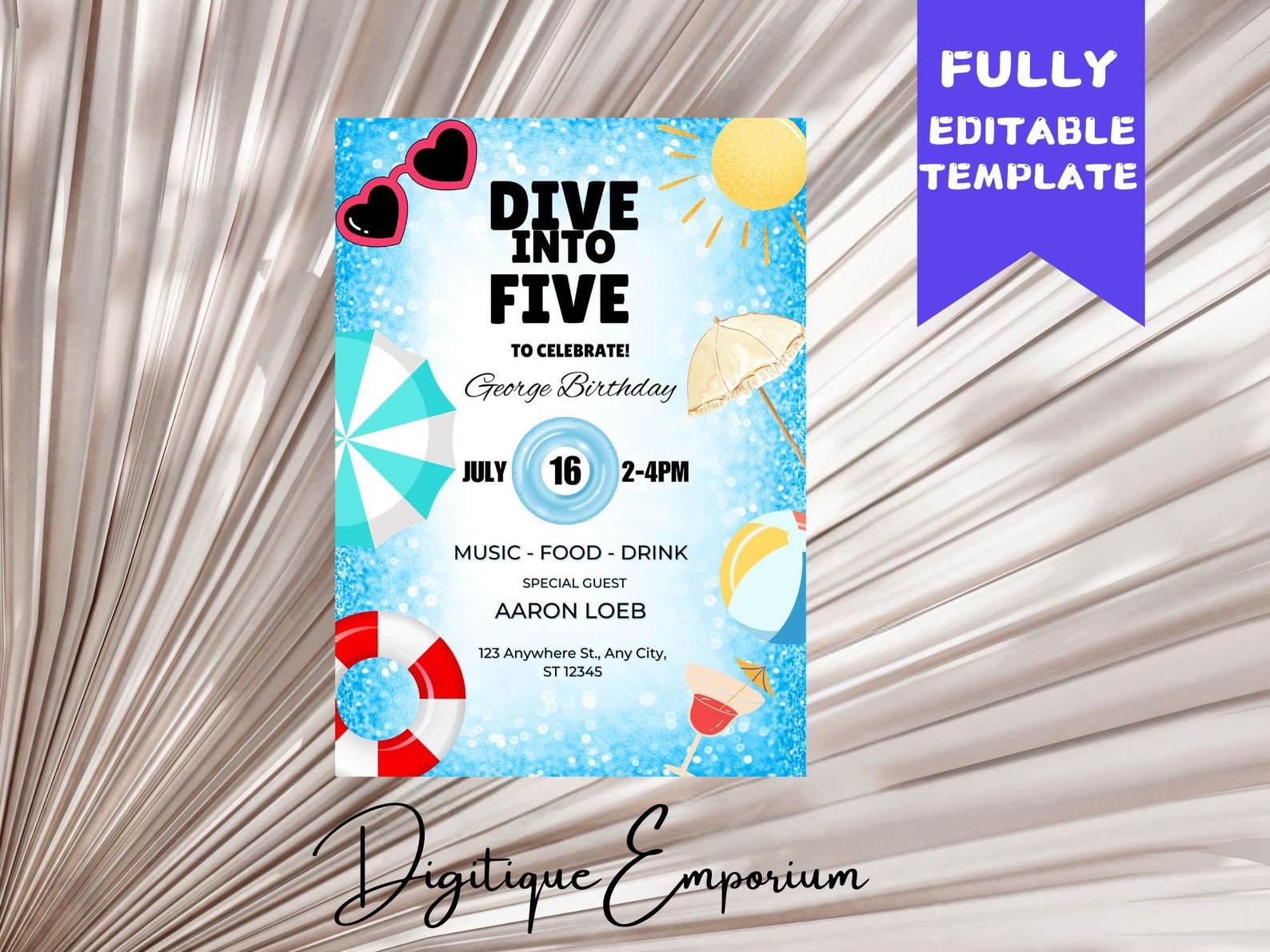 Dive Into Five Birthday Invitation, 5th Birthday Pool Party Invite ...