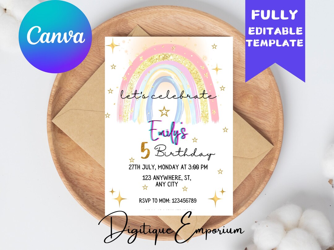 Editable Rainbow Birthday Invitation Template, Pastel Rainbow Invite ...