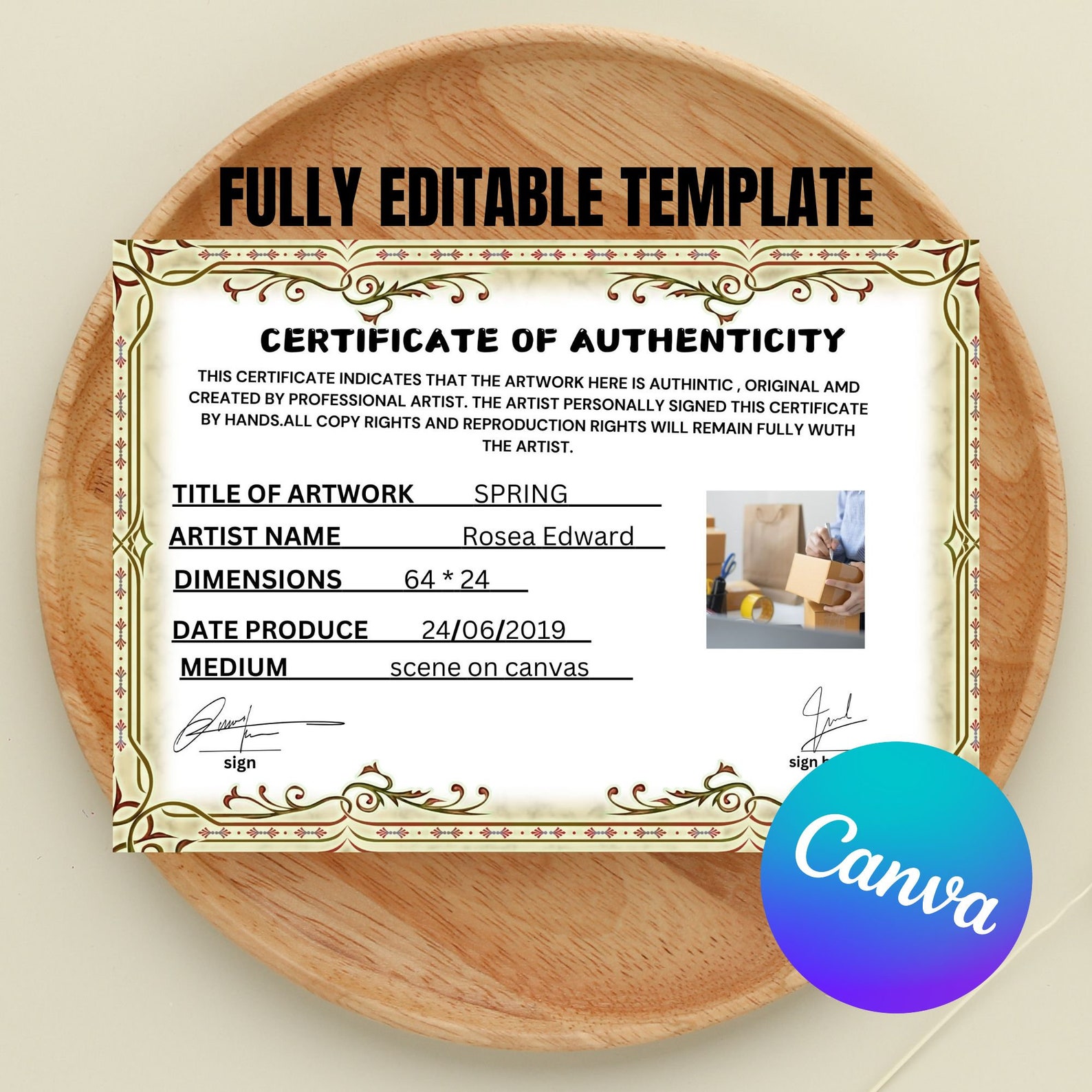 Editable Certificate of Authenticity for Artwork Template, Printable ...