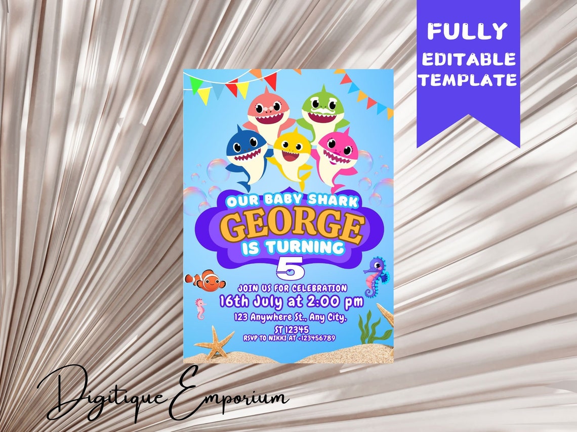 Baby Shark Birthday Invitation, Baby Shark Party, Digital Invitation ...