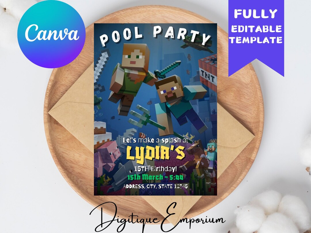 Minecraft Pool Birthday Invitation | Editable Minecrafter Pool Party ...