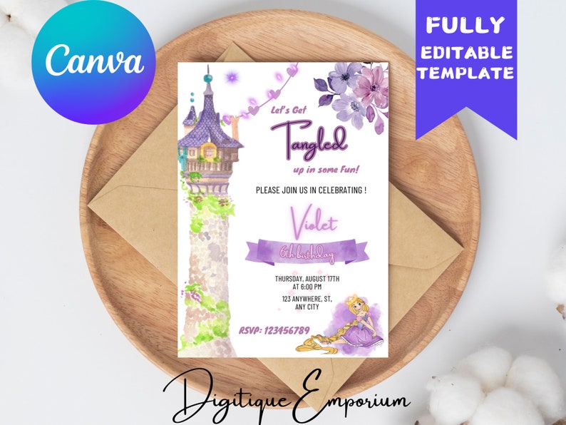 Editable Princess Rapunzel Birthday Invitation, Digital Princess ...