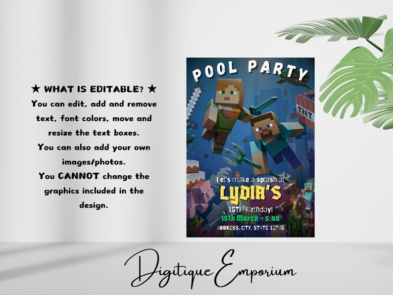Minecraft Pool Birthday Invitation | Editable Minecrafter Pool Party ...