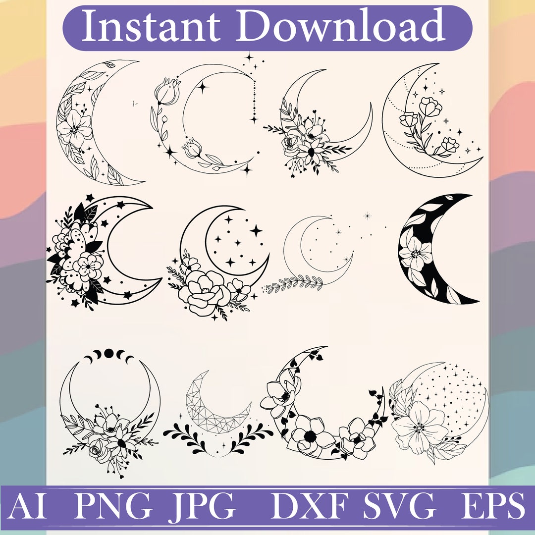 Floral Moon Svg \ Moon and Stars SVG \ Crescent Moon Svg \ Moon SVG ...