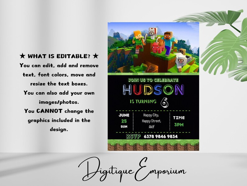 Editable Minecraft Birthday Invite Printable Mine Theme Birthday Invite ...