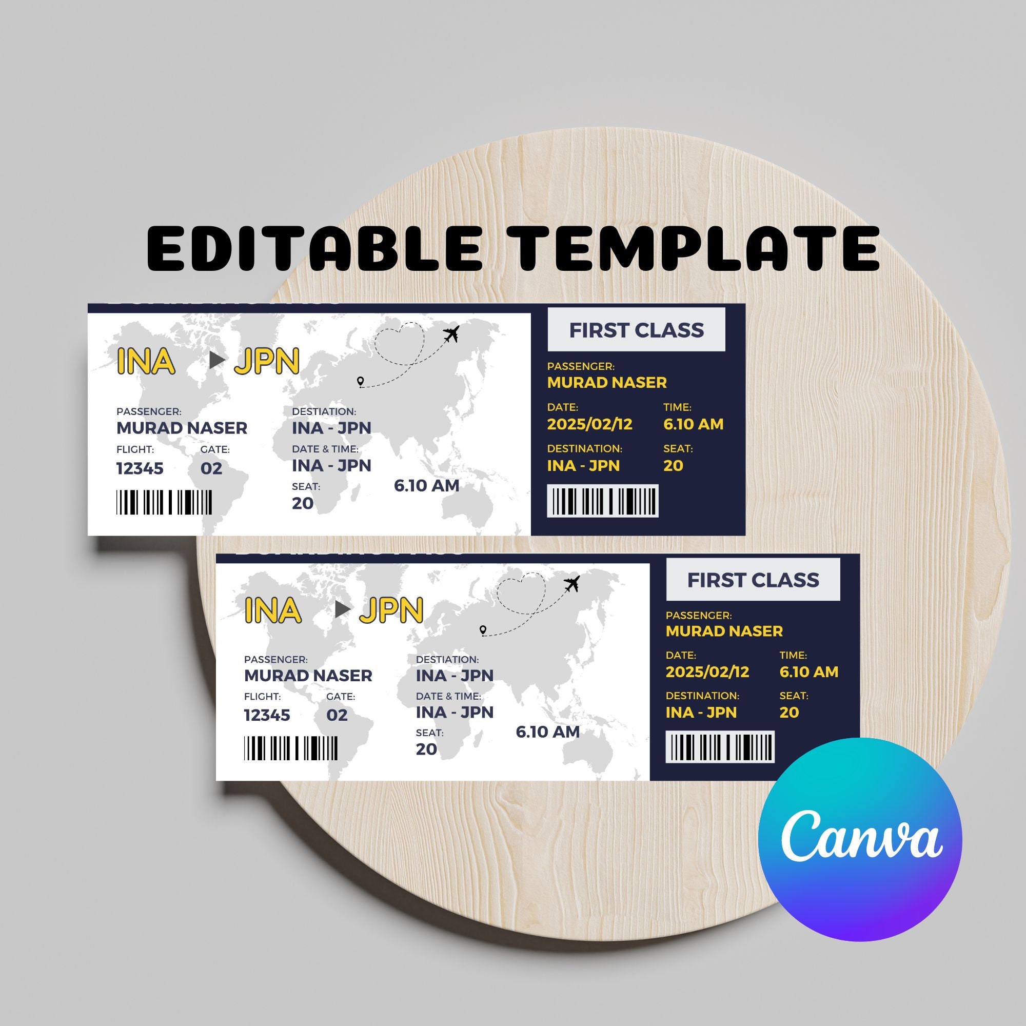 Editable Boarding Pass Canva Template, Printable Airline Ticket ...