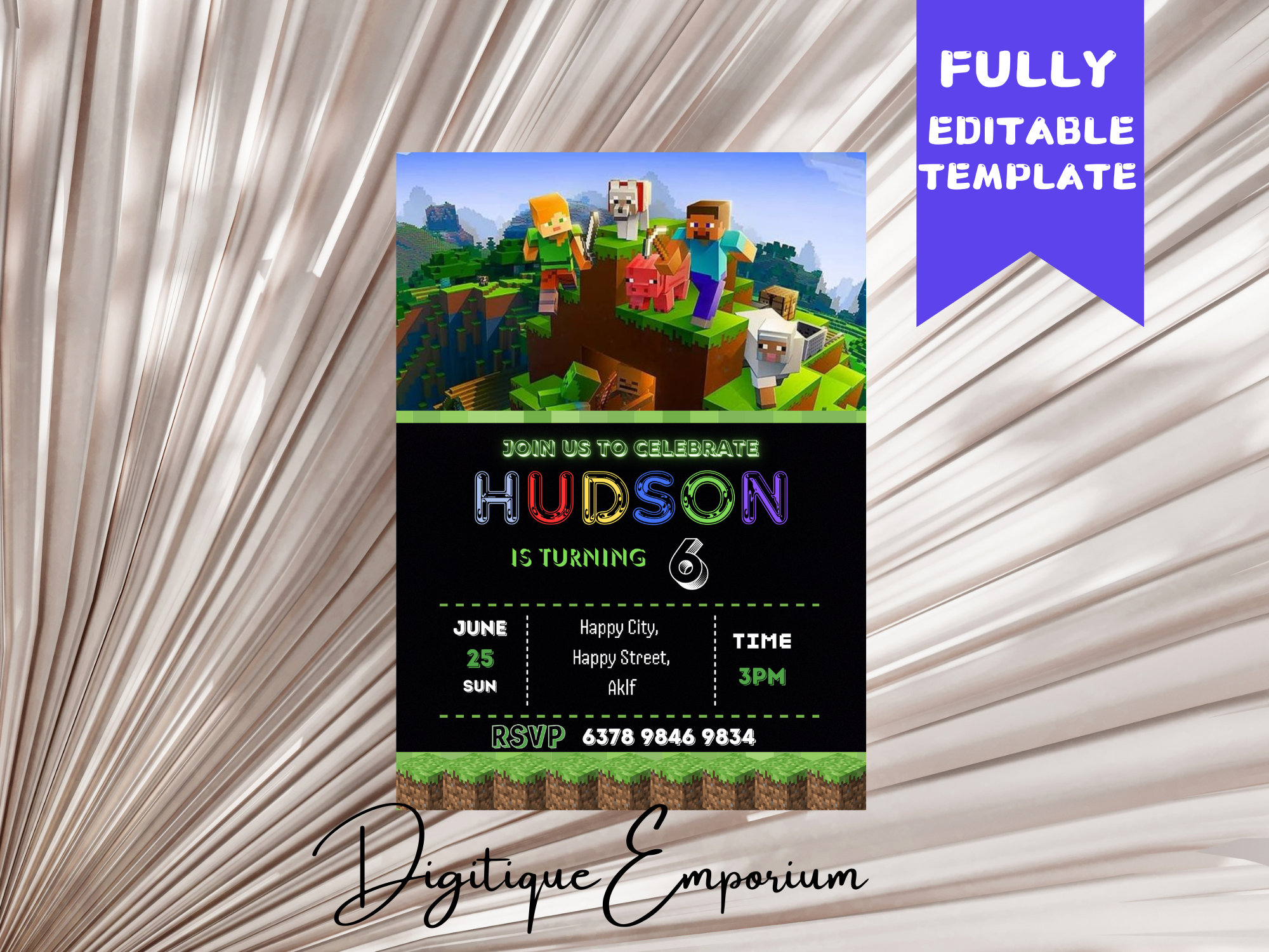 Editable Minecraft Birthday Invite Printable Mine Theme Birthday Invite ...
