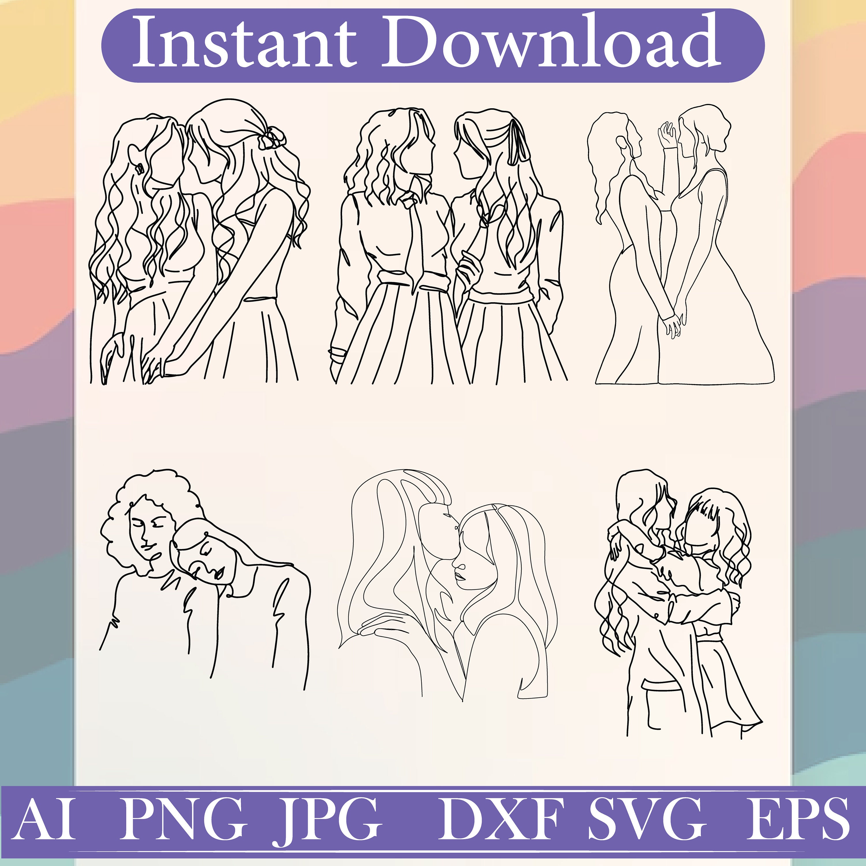 Lesbian Couples Svg Lesbian Svg Lesbian Line Art Couple Line Art Love Line Art Hugs Line Art ...
