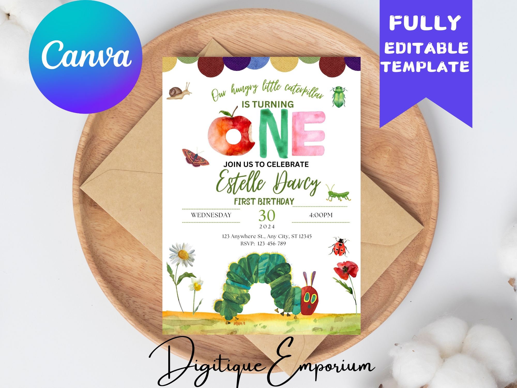 Hungry Caterpillar 1st Birthday Invitation: Editable Canva Template ...
