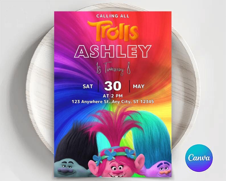 Editable Trolls Birthday Invitation, Trolls Poppy Invite, Poppy Trolls ...