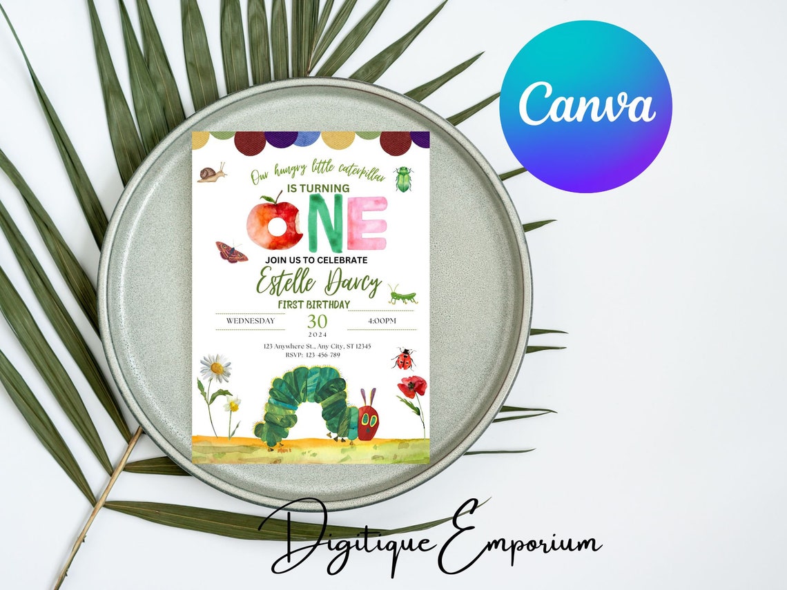 Hungry Caterpillar 1st Birthday Invitation: Editable Canva Template ...