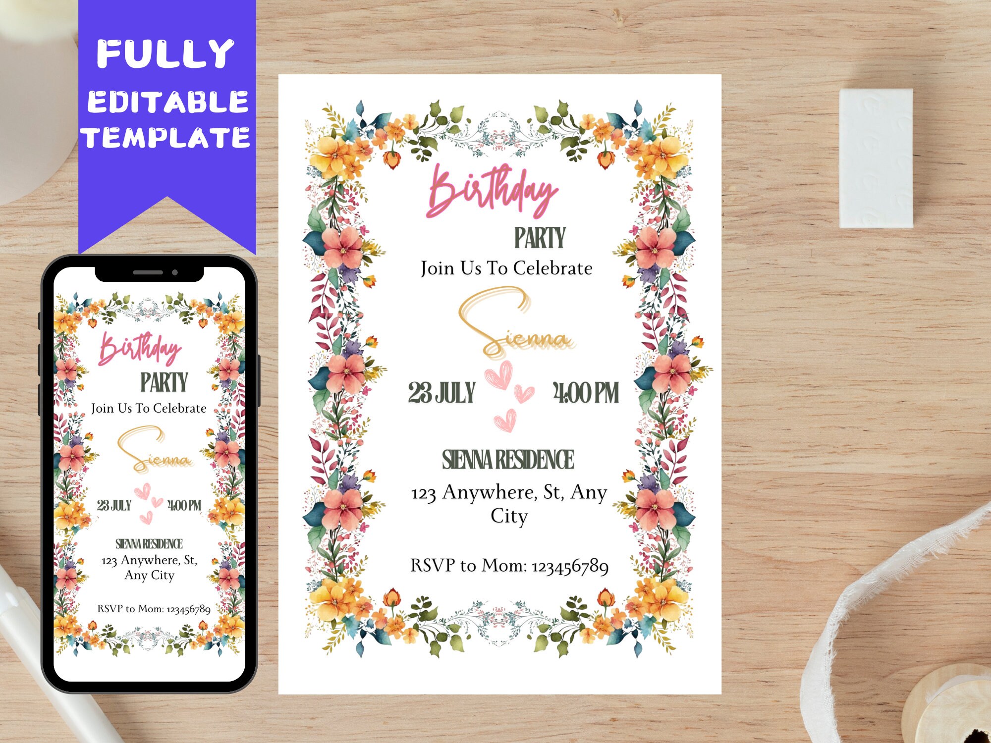 Editable Wildflower Birthday Invitation, Flower Birthday Invitation ...