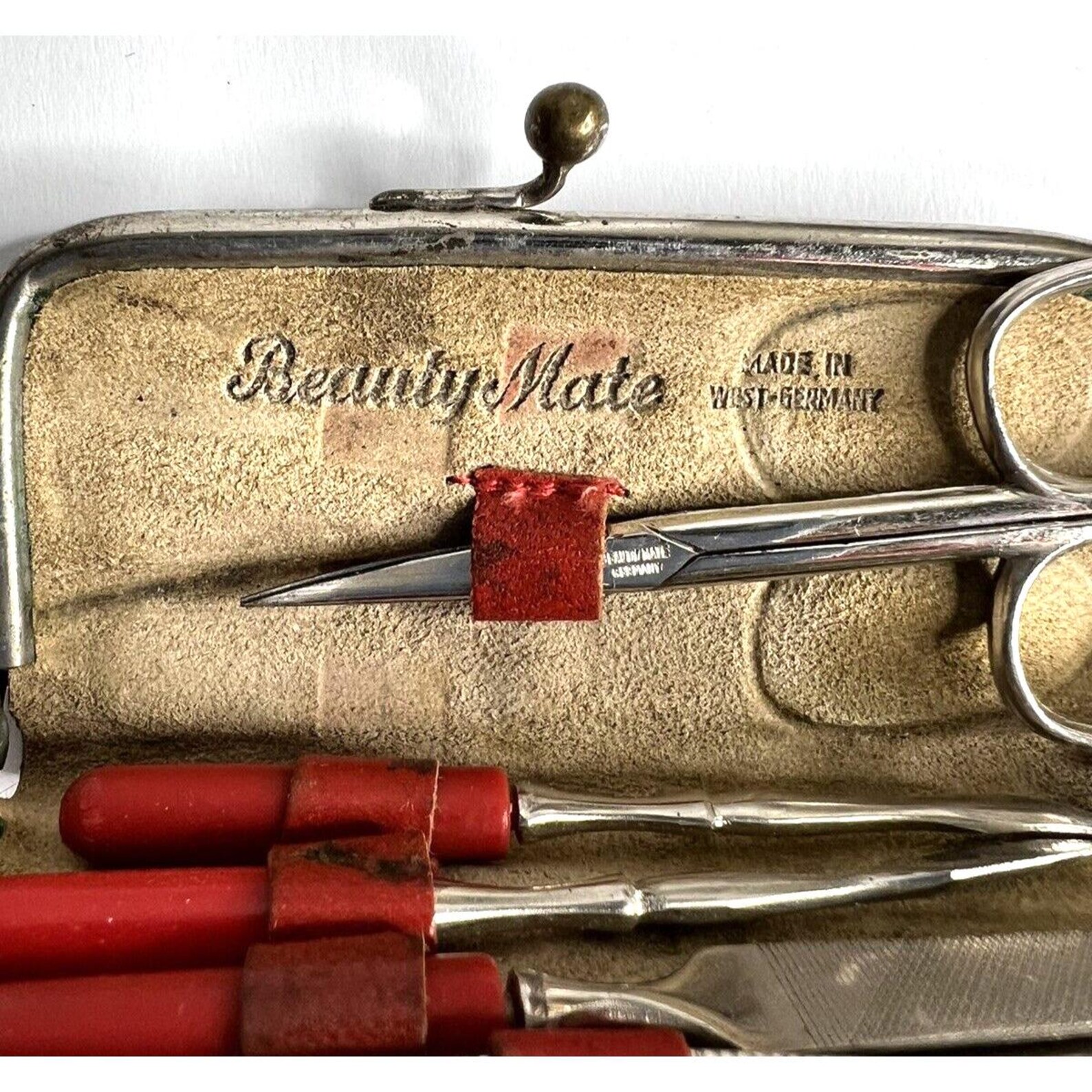 Vintage 3" Red Leather BEAUTY MATE West Germany Manicure Nail Set 5 Pcs ...