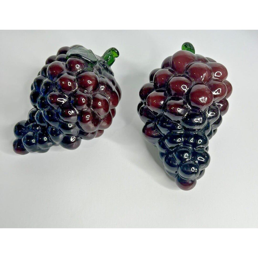 2 Vintage Art Glass Molded Grapes Cluster Purple MCM Decor Centerpiece ...