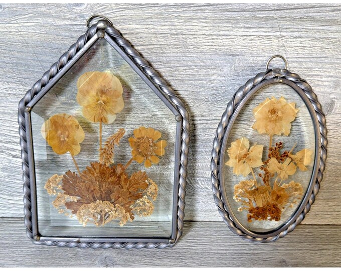 2 Vtg Dried Pressed Flowers Pewter Frame Window Suncatcher Lasting ...