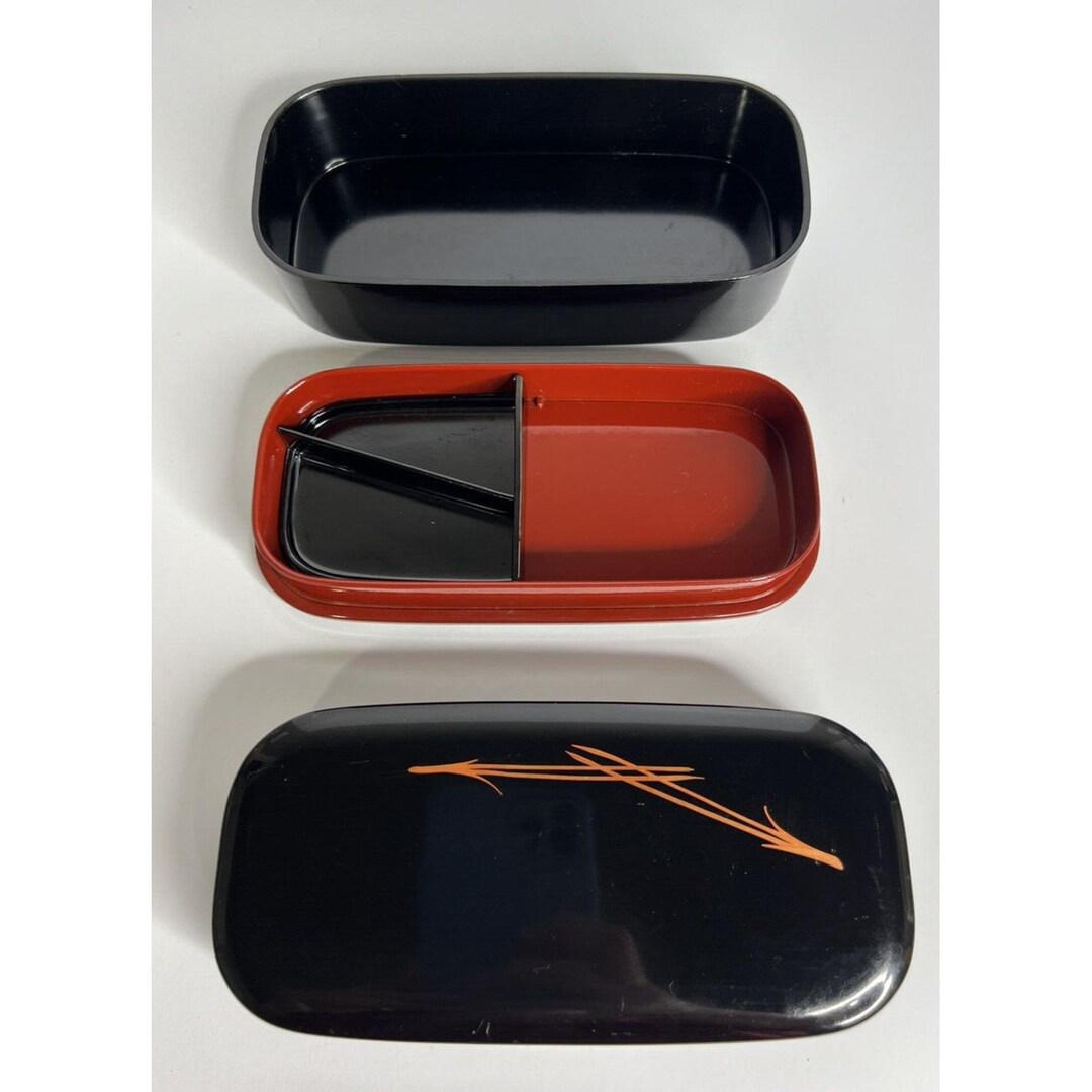 Japanese 7" Lacquer Bento Trinket Jewelry Box Container 2 Tier Black ...