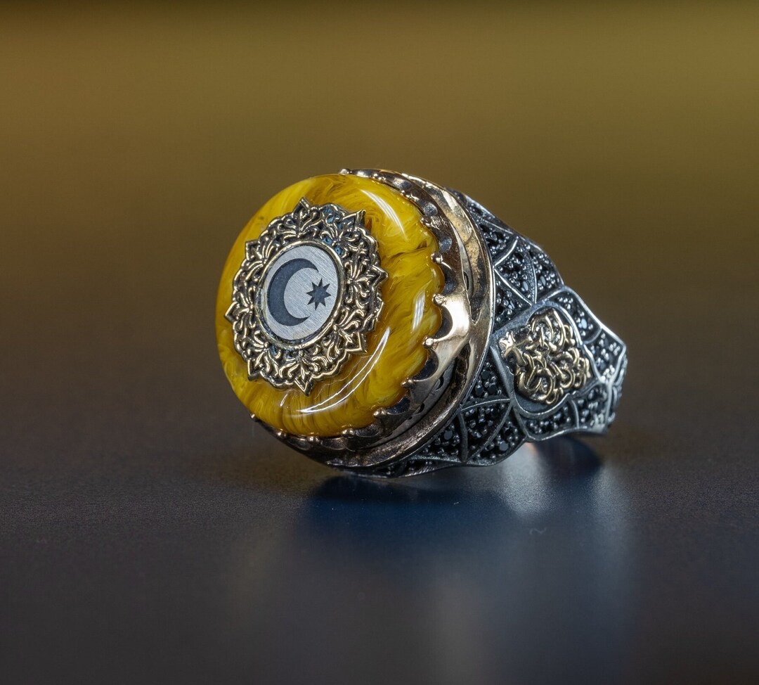 Natural Amber Gemstone Ring , Moon and Star Engraved Amber Signet Ring ...