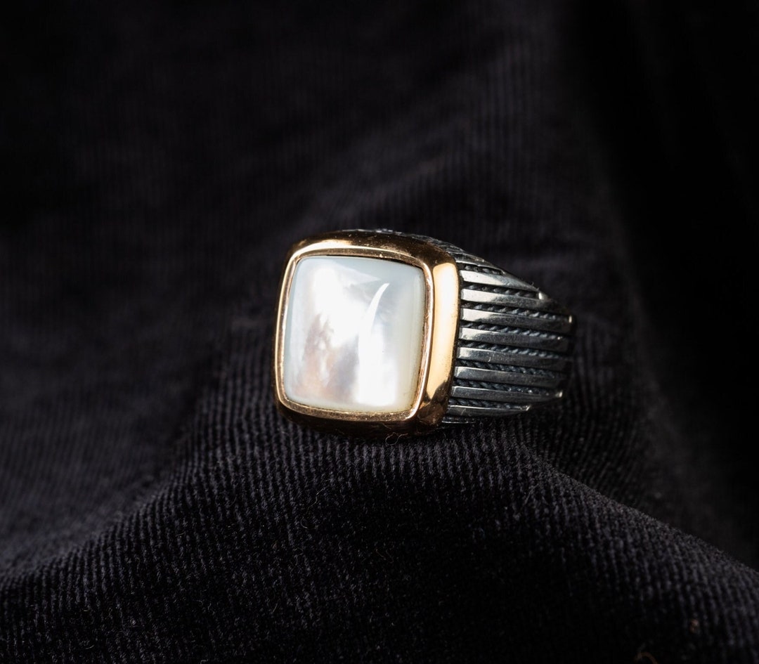 Square Signet Ring Men With Mother of Pearl Gemstone , Genuine Mother ...