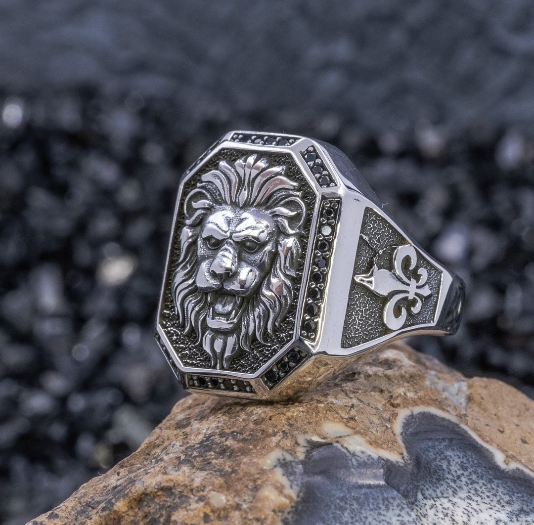 Sterling Silver Lion Head Ring , Silver Lion Head , Black Onyx Gemstone ...