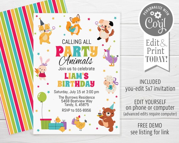 Party Animals Birthday Invitation, Editable cute animals birthday, boy ...