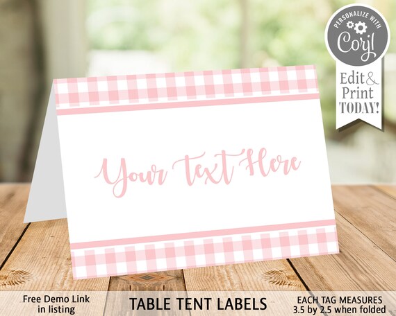 Pink Table Tent Label Food Label Pink Gingham Editable | Etsy