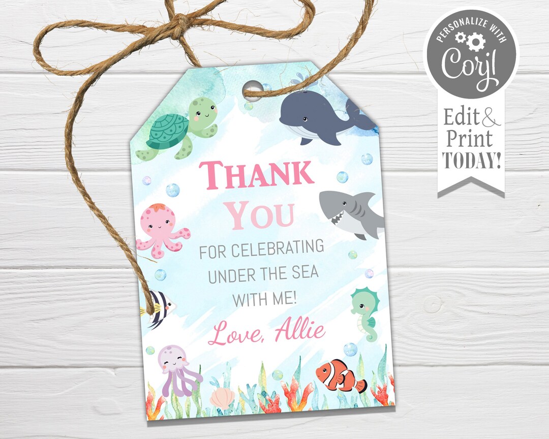 Ocean Animals Favor Tags, Editable, Pink Under the Sea Hang Tag, Thank ...