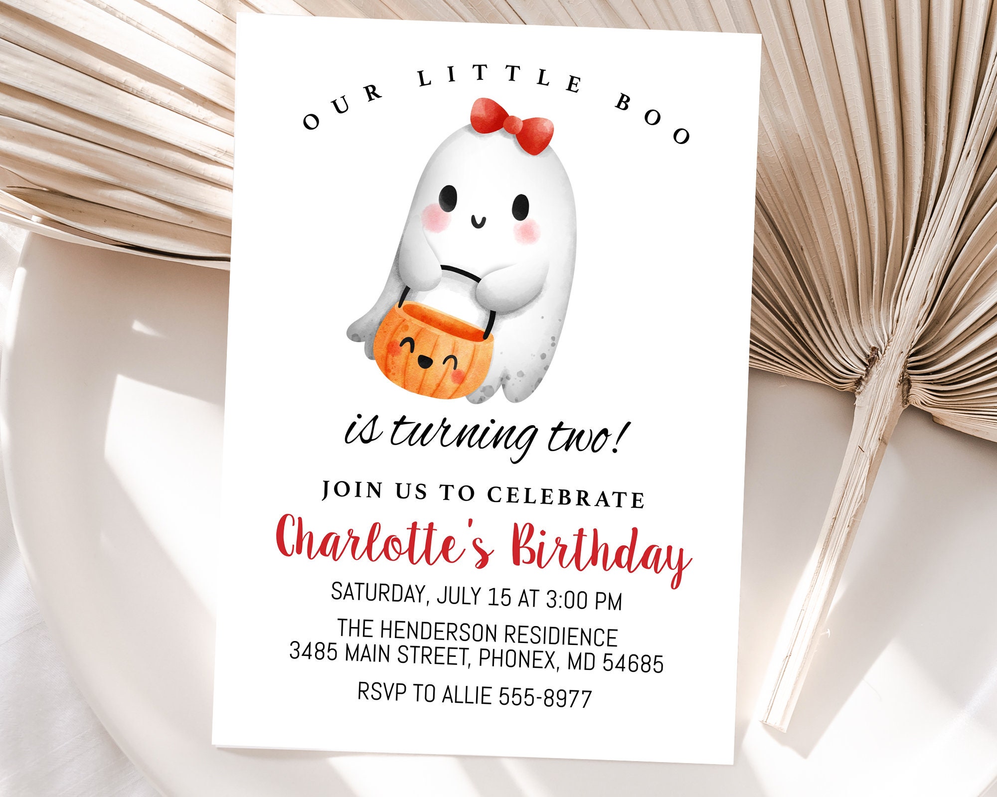 Ghost Birthday Invitation Template Cute Ghost With Red Bow - Etsy