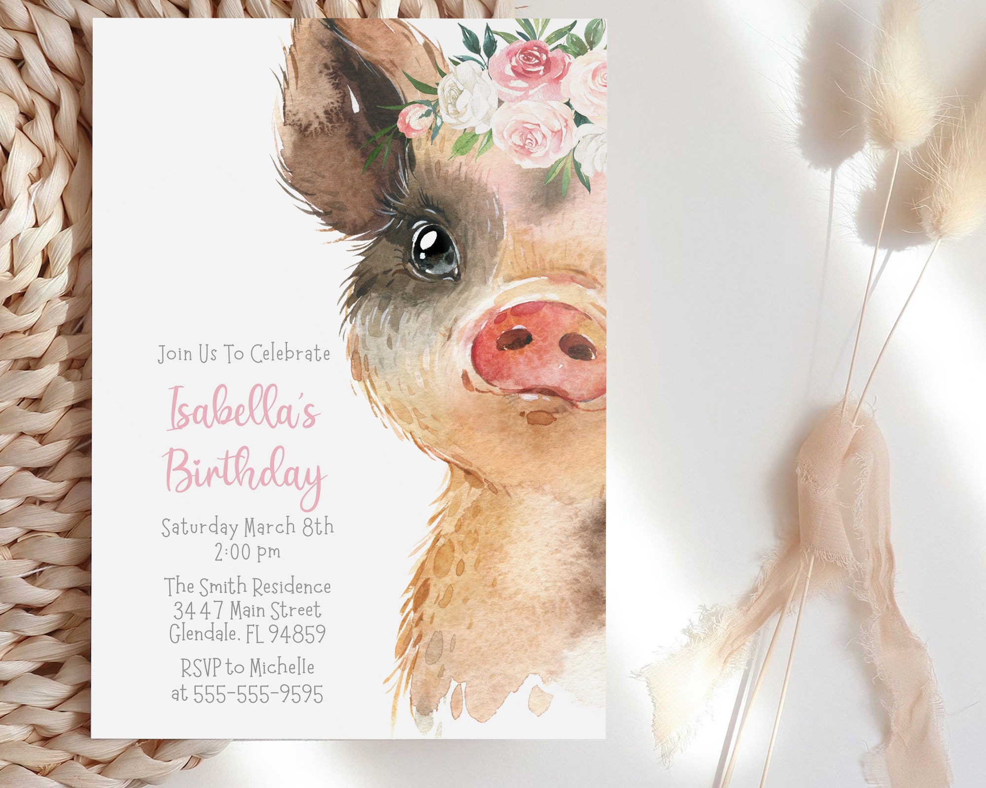 Pig Birthday Invitation Template: Floral Piglet, Pink Text (digital ...