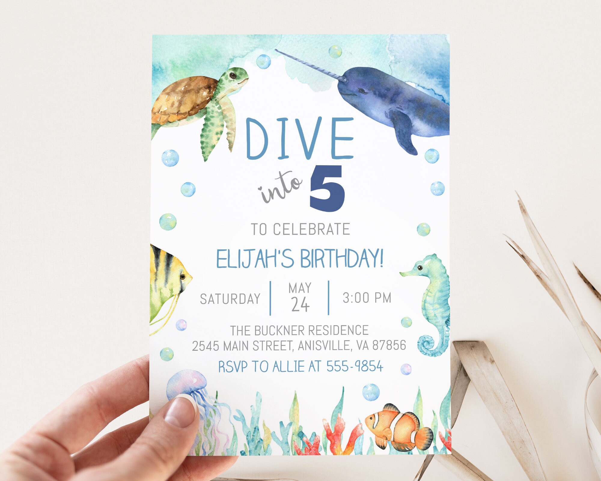 Dive Into Five Birthday Invitation Template, Ocean Animals, Blue, Boy ...