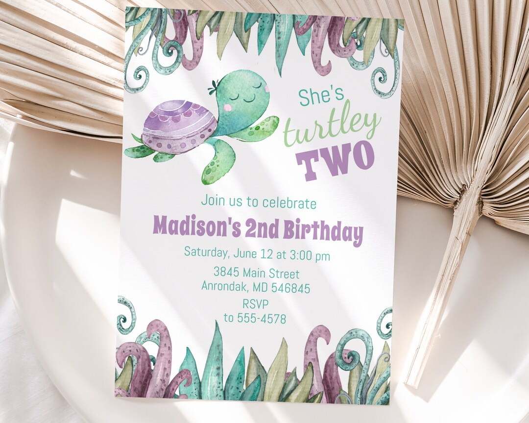 Turtley Two Birthday Invitation, Editable, Turtle Invitation, Ocean ...
