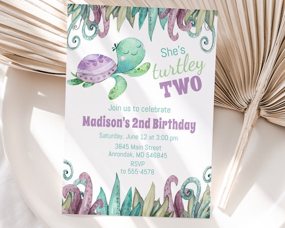 Turtley Two Birthday Invitation, editable, Turtle Invitation, ocean ...