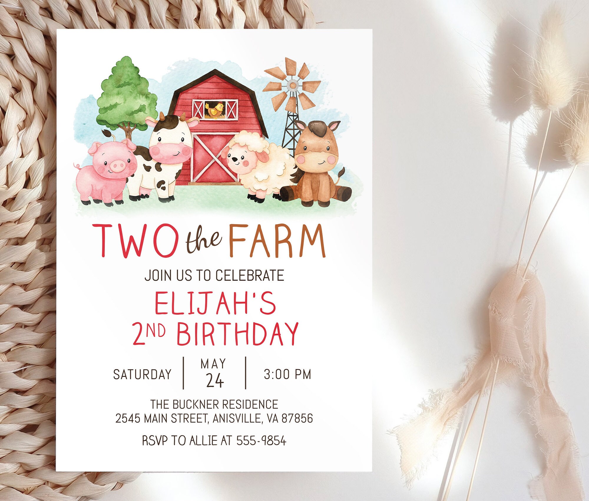 Two the Farm Birthday Invitation Template, Editable, Cute Farm Animals ...
