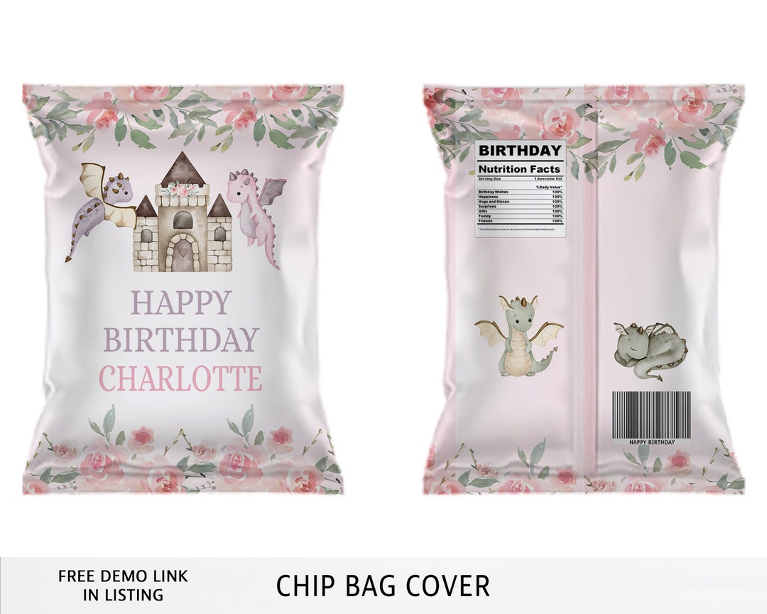 Dragon Chip Bag Cover, Pink Flowers Party Favor Decor, Treat Bags ...