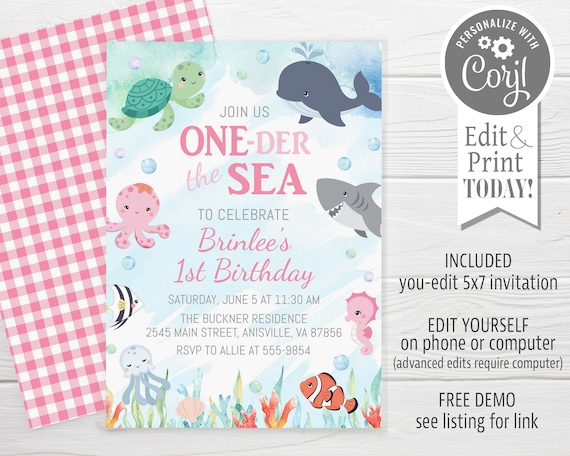 Ocean Birthday Invitation Ocean Animals Girl Pink | Etsy