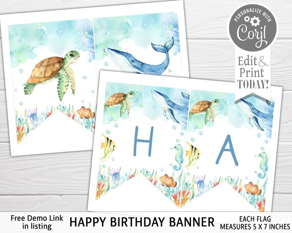 Ocean Animals Banner Editable Blue Happy Birthday Banner - Etsy