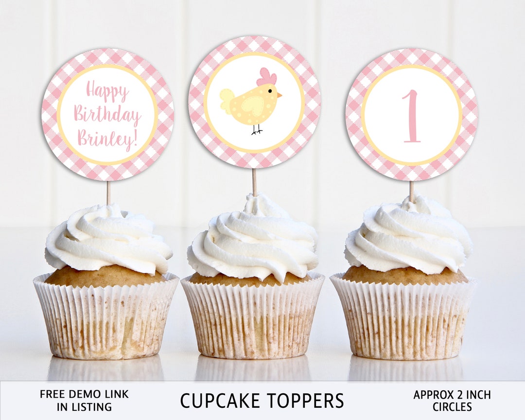 Chicken Cupcake Toppers, Editable, Circle Toppers, Happy Birthday Farm ...