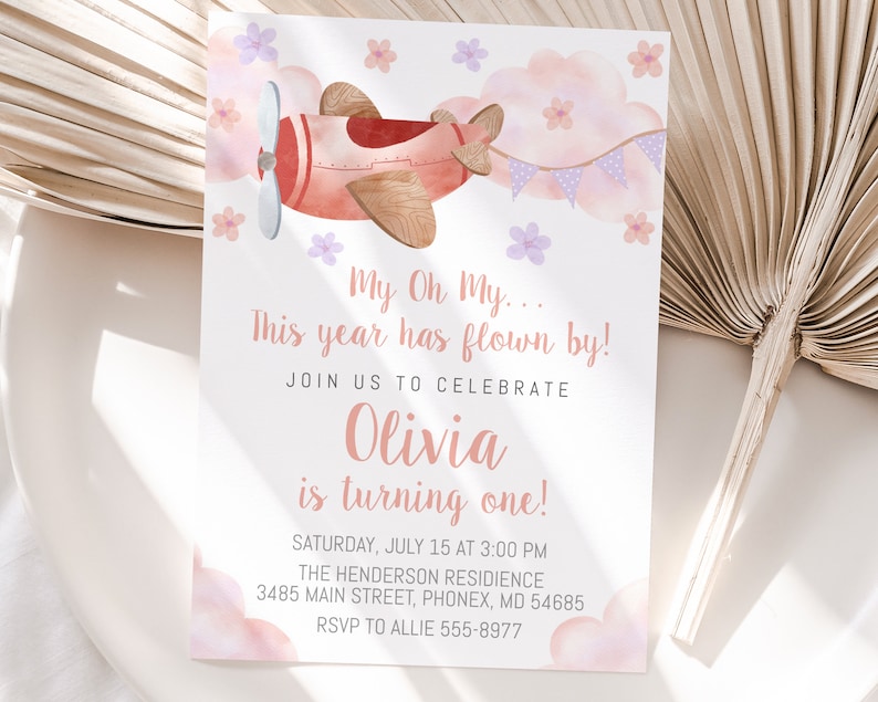 Airplane Birthday Invitation Girl, First Birthday, Editable Template ...